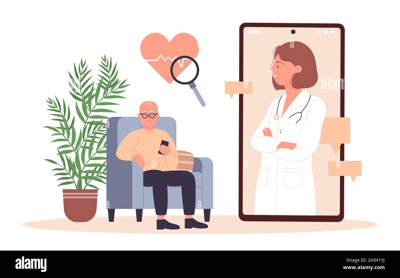 Heart checkup online for senior people vector illustration. Cartoon old ...