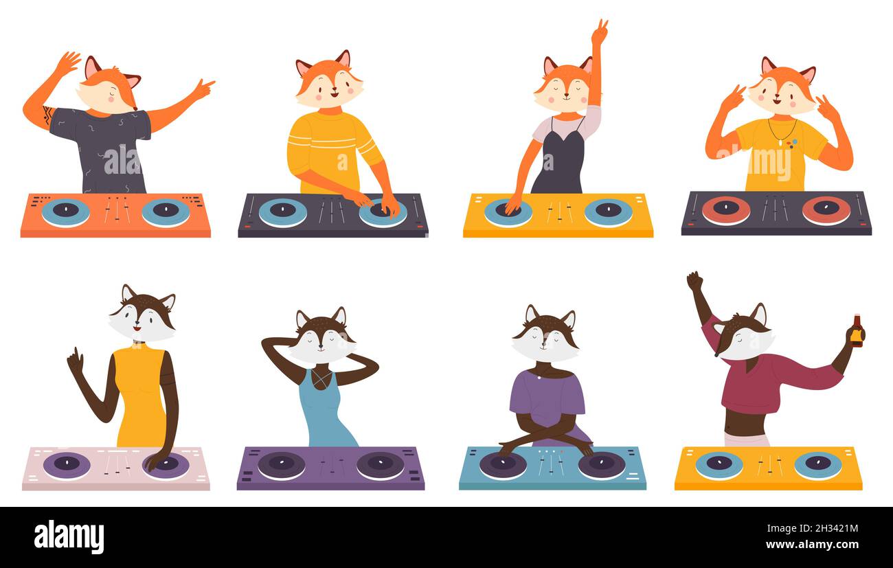 Animal crazy fox dj set vector illustration. Cartoon funny dj playing ...