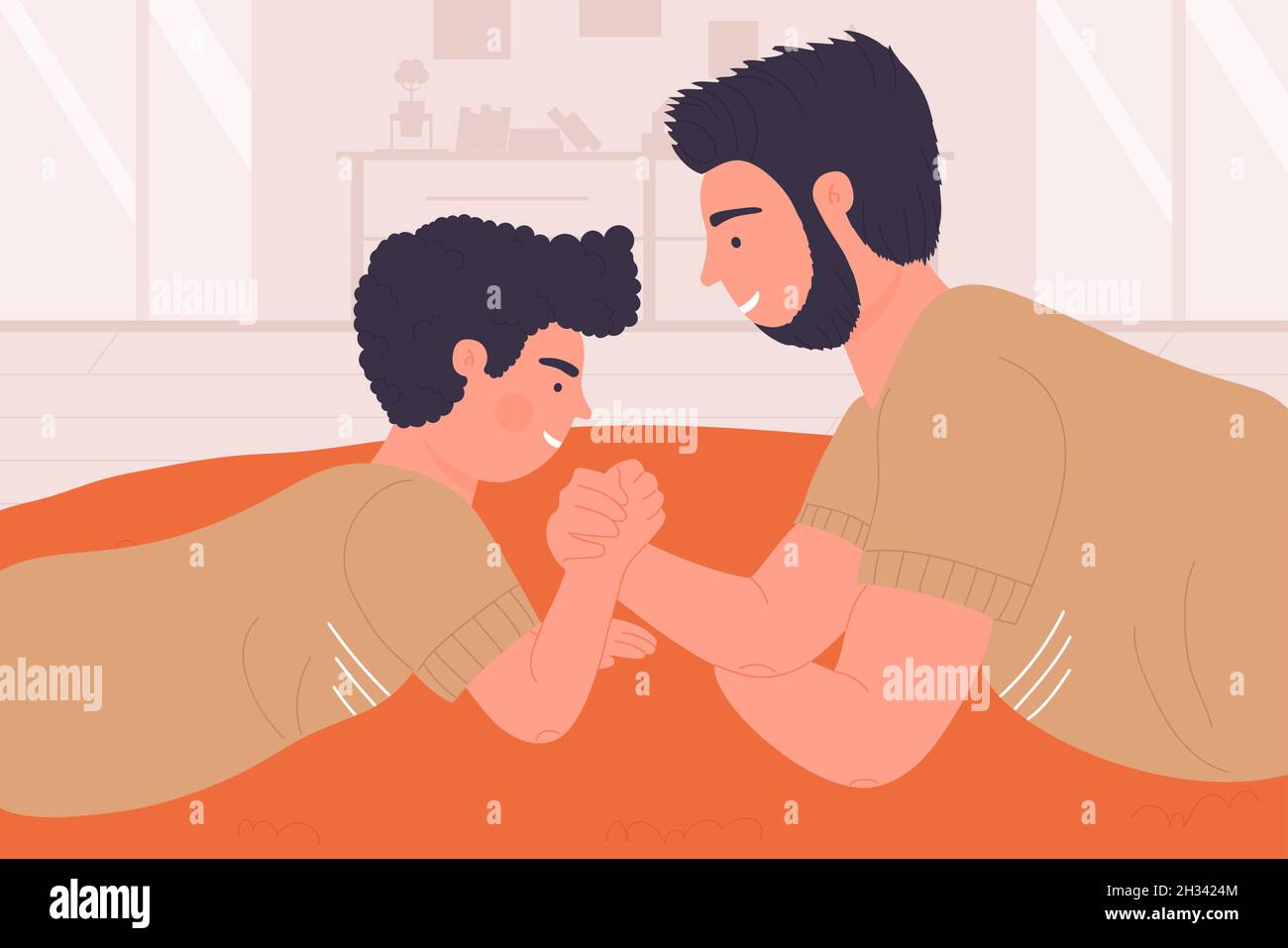 Father and son play in arm wrestling power sport game at home vector ...