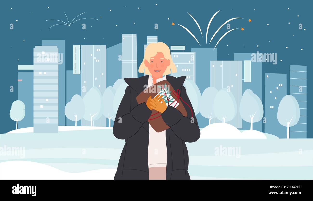 Girl with Christmas gift parcel vector illustration. Cartoon young ...
