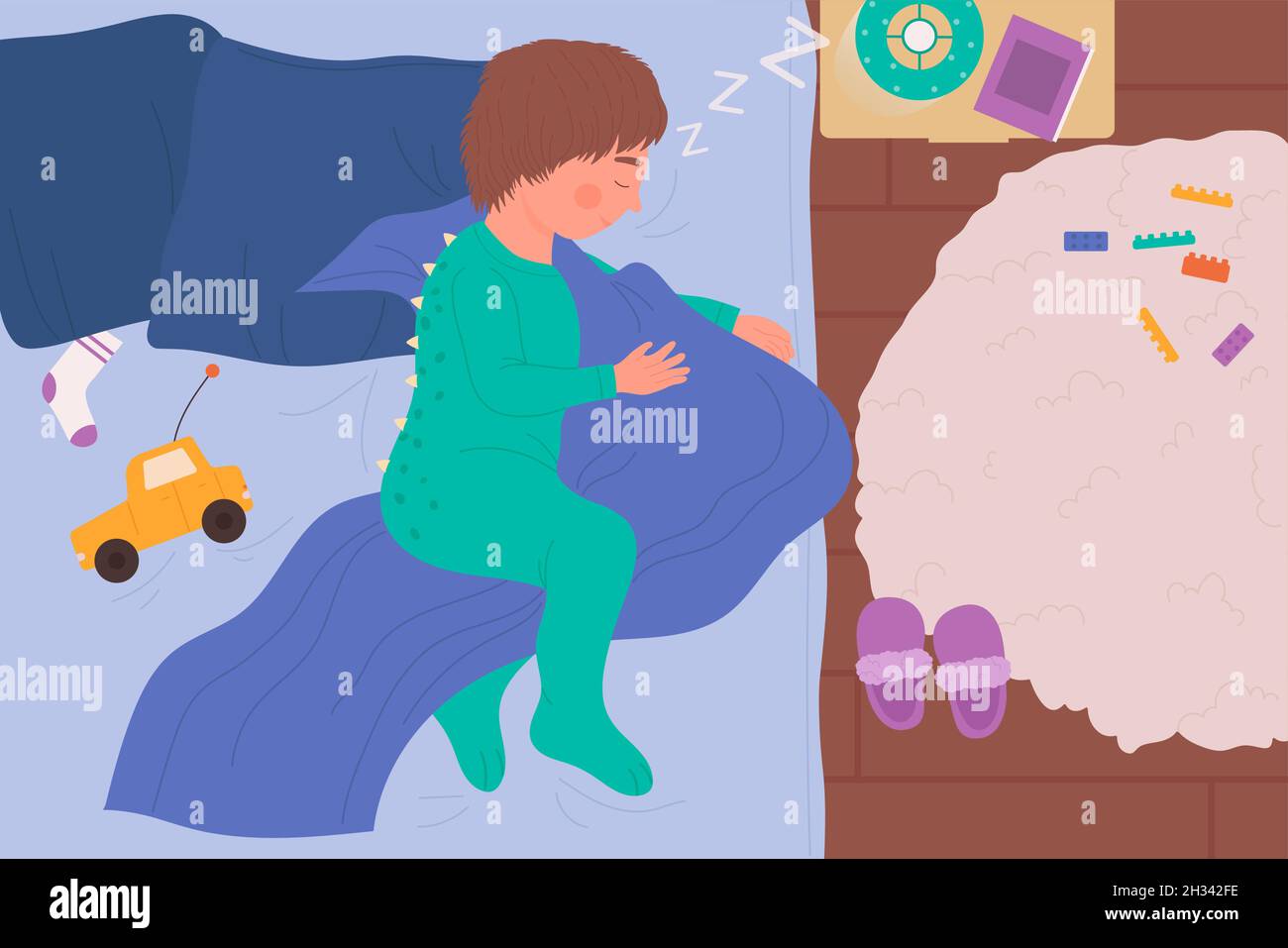Kid boy sleep in bed at night, top view vector illustration. Cartoon ...