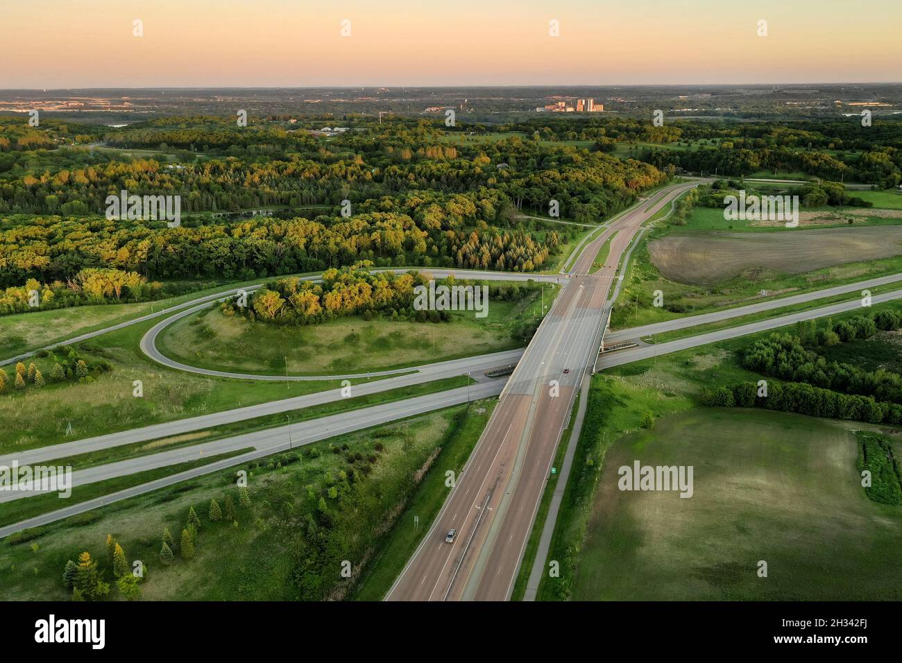 Evening Light Over Highway and Clover Leaf - drone aerial Stock Photo ...