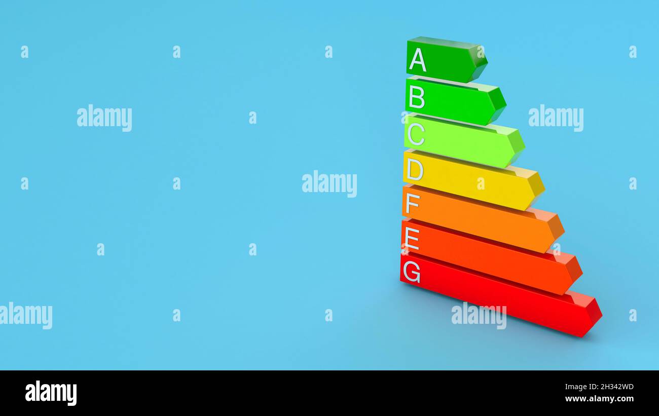 Energy efficiency rating. Colored arrows graphics on a blue background ...