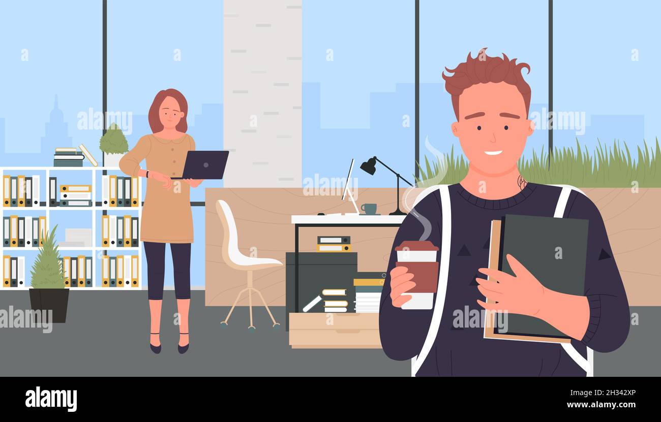 Morning start of office work vector illustration. Cartoon young man ...