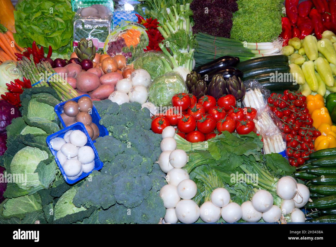 Assorted fresh ripe fruit red yellow purple and green vegetables mixed ...