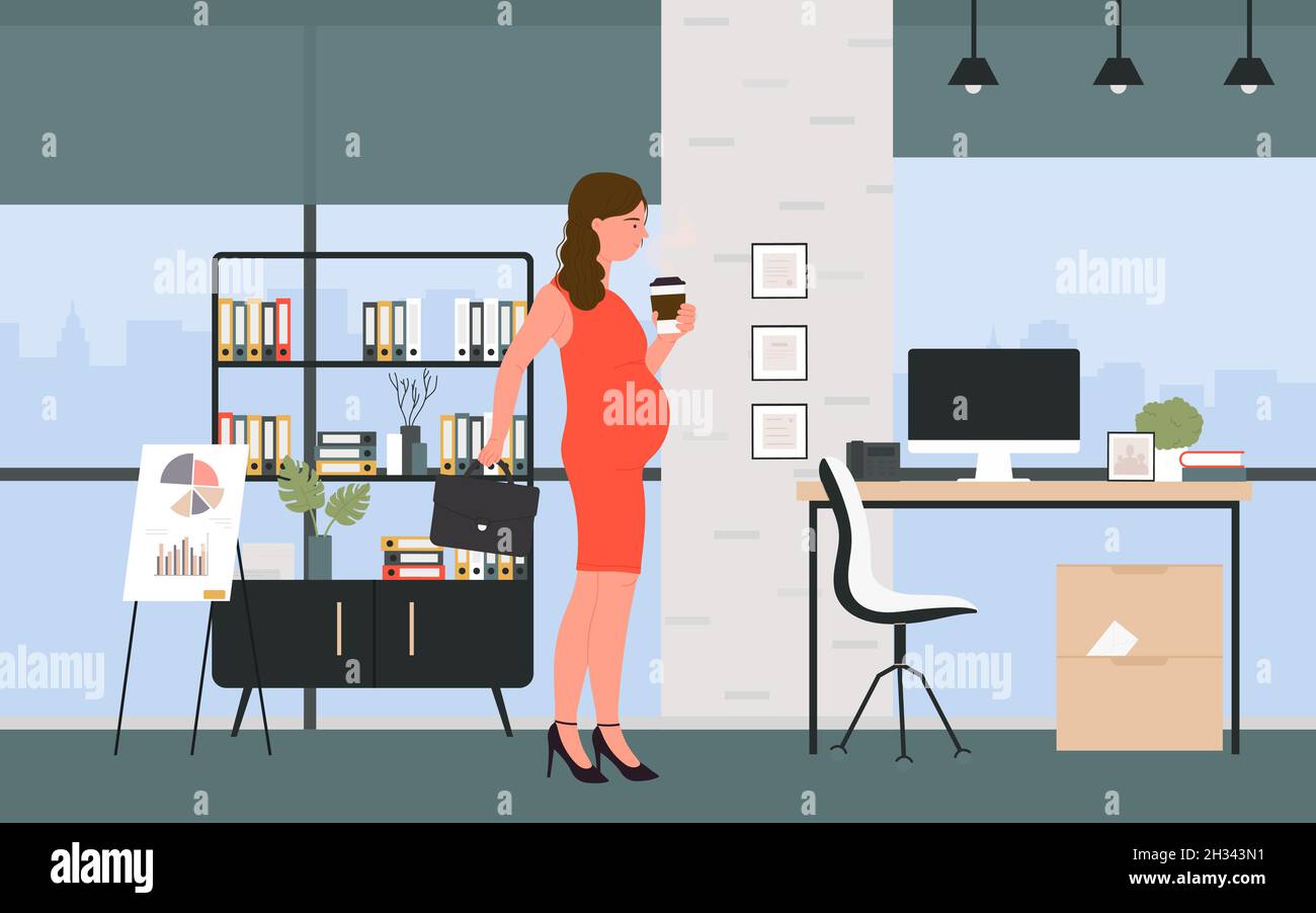 Beautiful smiling pregnant business woman in office interior vector ...