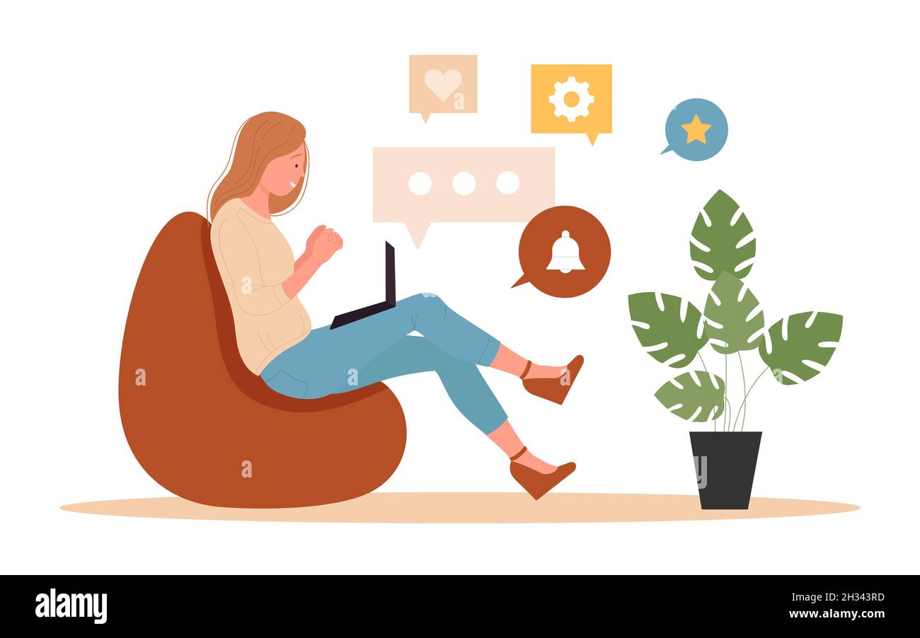 Online communication vector illustration. Cartoon young woman sitting ...
