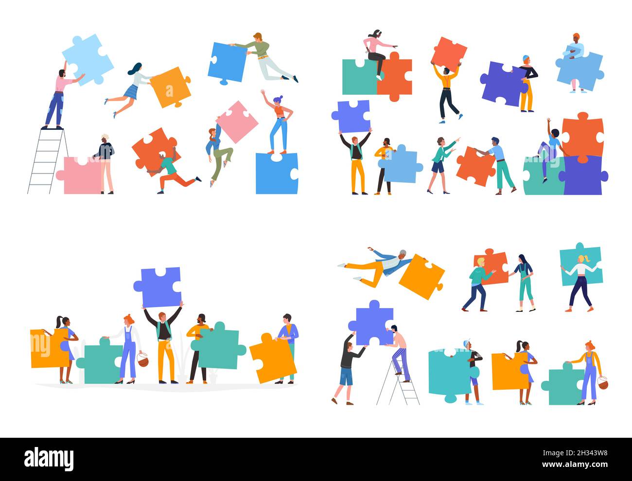 People holding puzzle jigsaw to connect parts set vector illustration ...