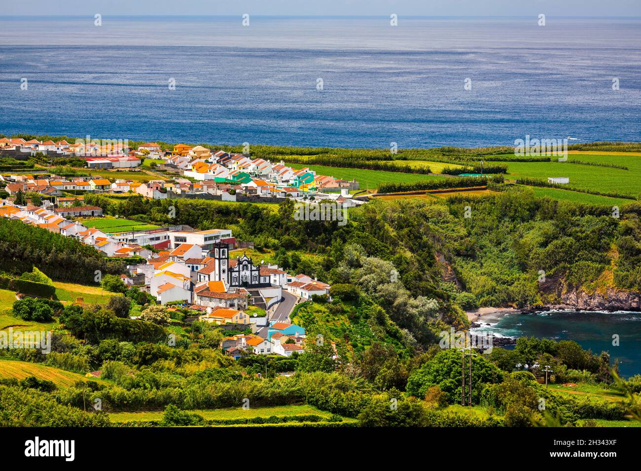 Beautiful nature view on Azores with small villages, tows, green nature ...