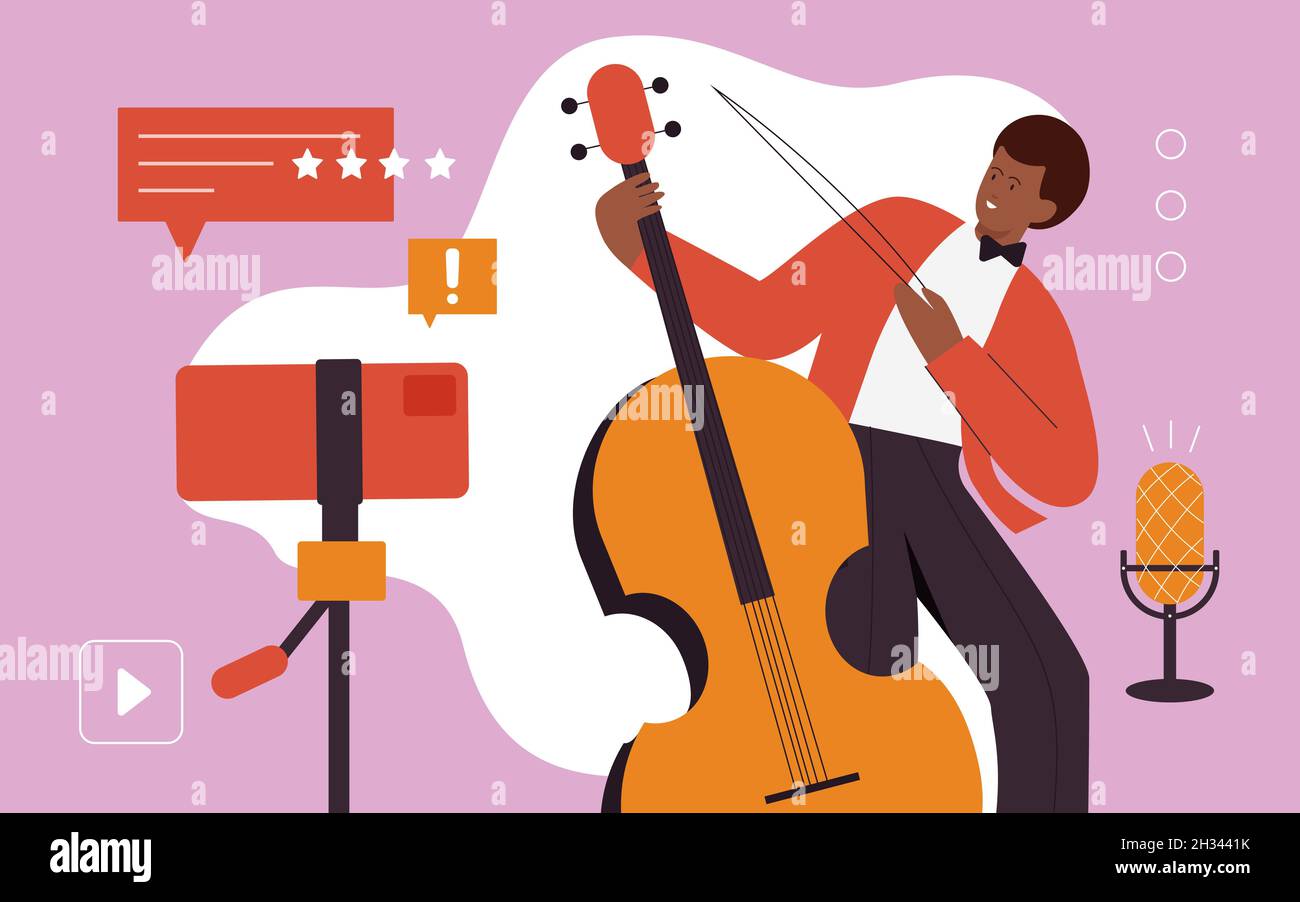 Musician blogger with contrabass recording music vector illustration ...