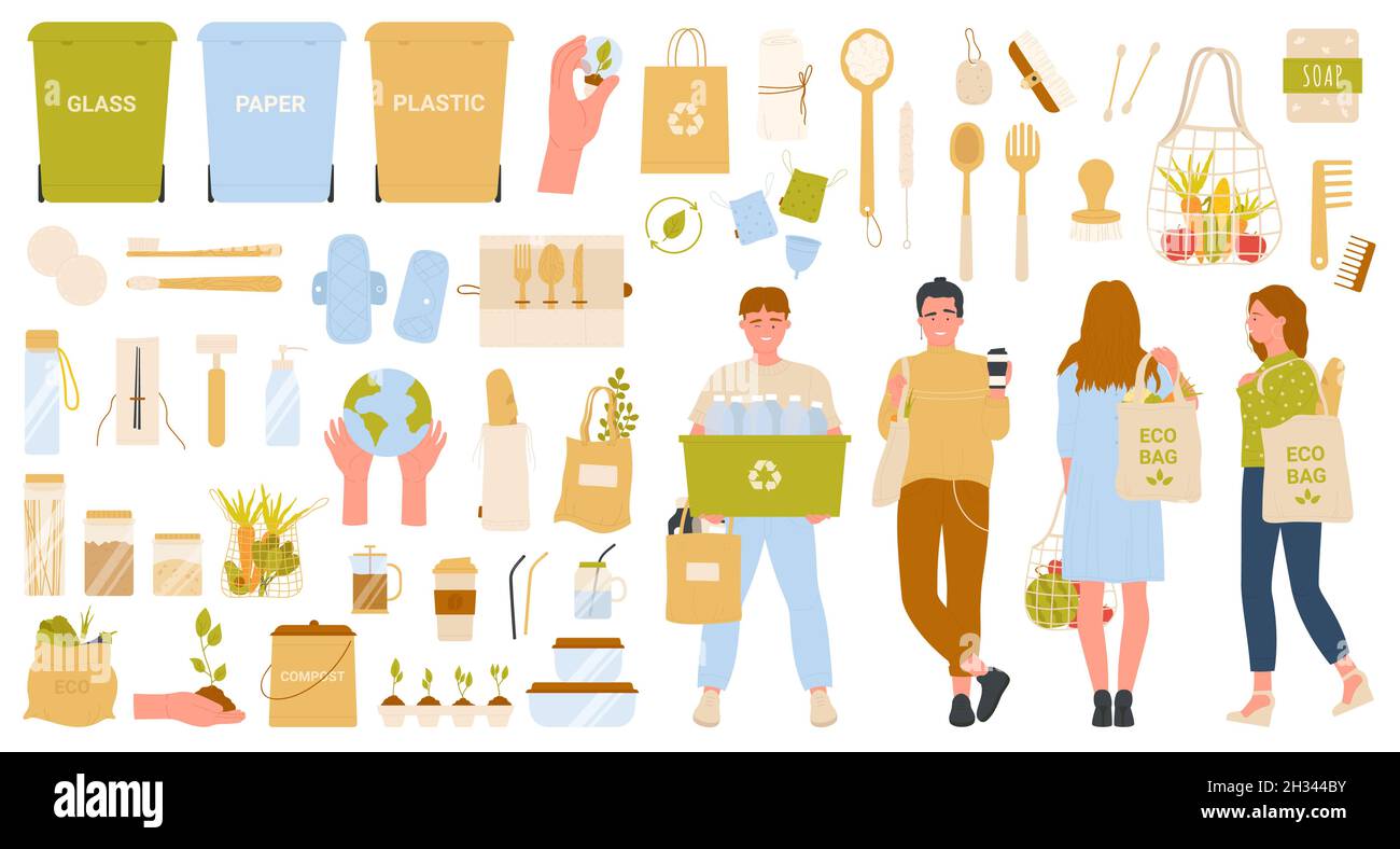 Zero waste lifestyle infographic vector illustration. Cartoon people ...