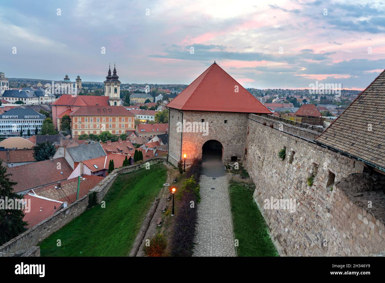 aerial cityscape of Eger Hungary from the castle with castle detail ...