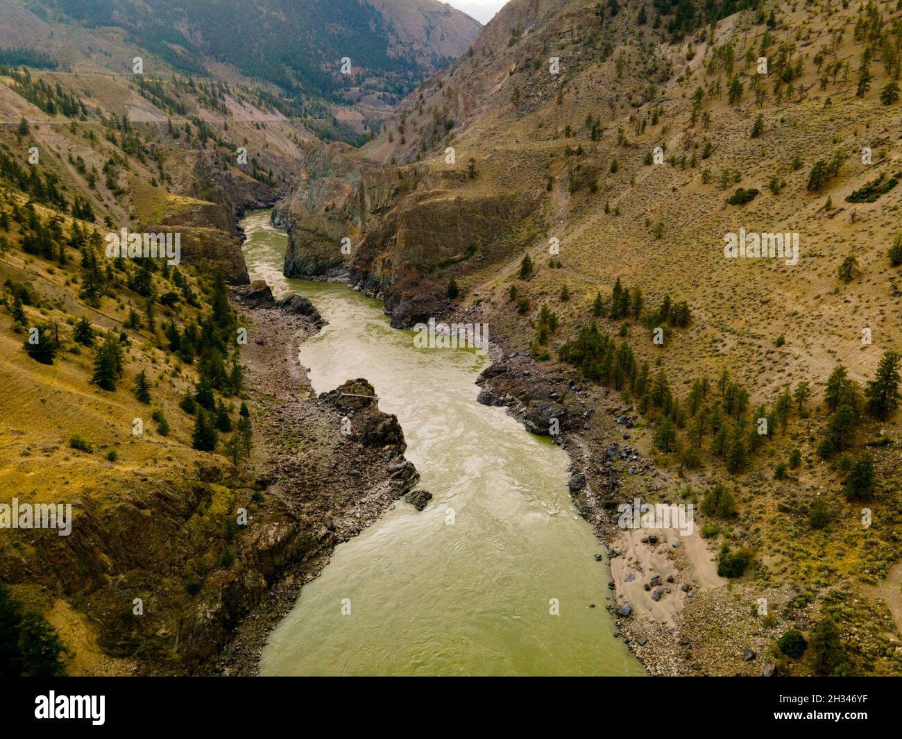 Fraser River looking downstream, just before the city of Lillooet in ...