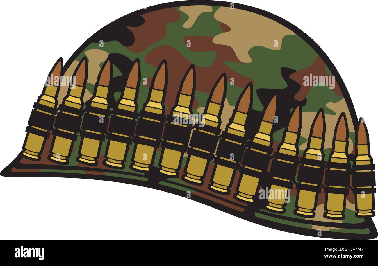 Military helmet with ammo belt and camouflage pattern cover Stock ...