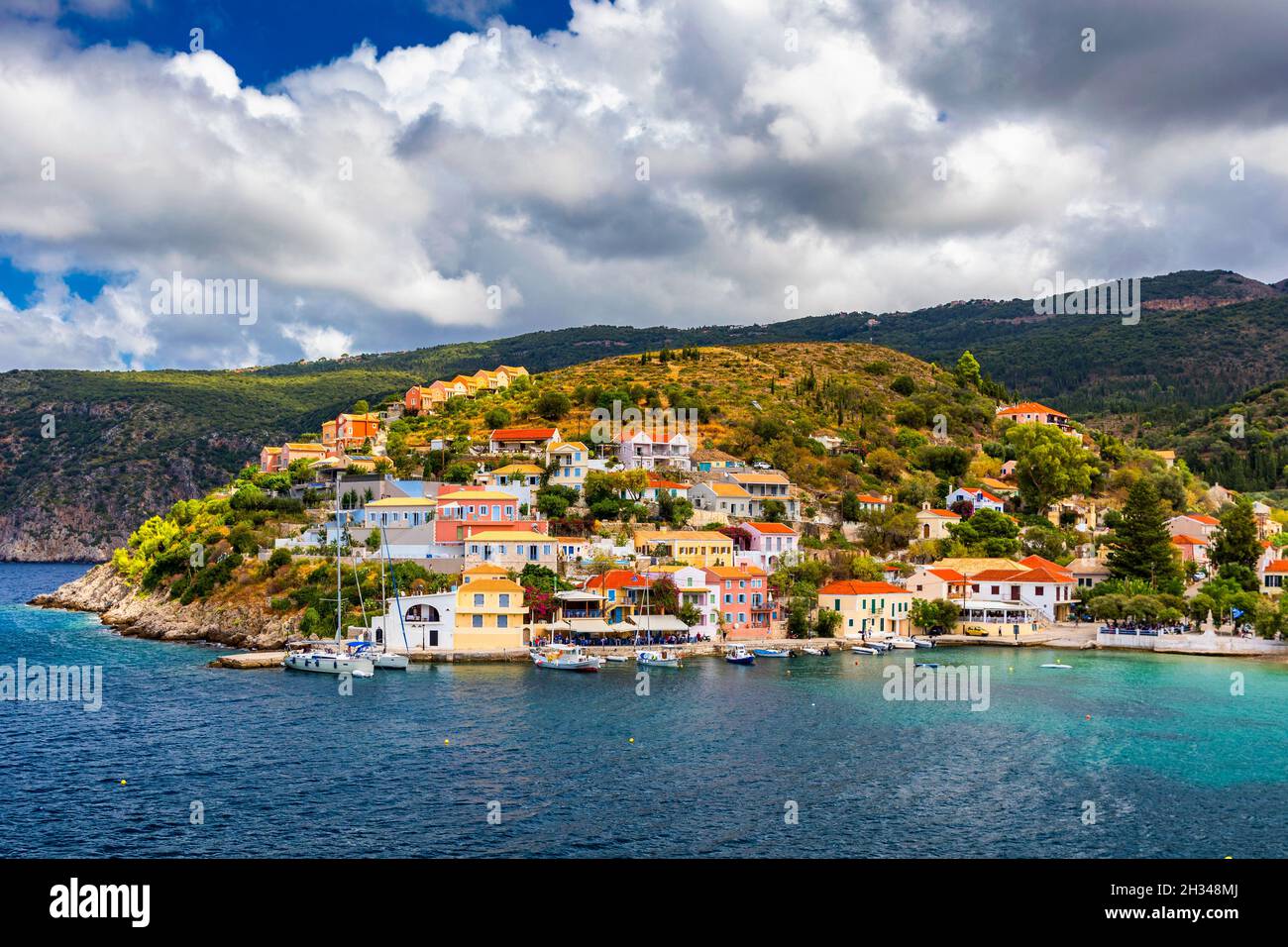 Assos village in Kefalonia, Greece. Turquoise colored bay in ...