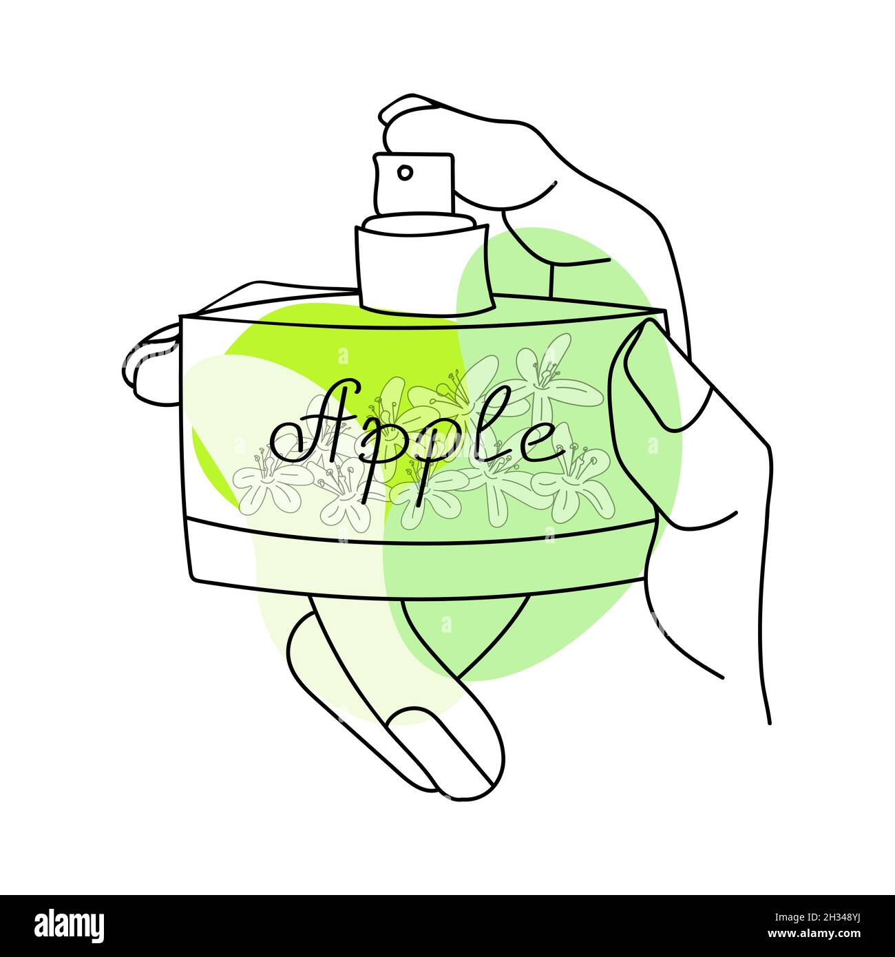 Line art perfume with green abstract shapes, flowers inside the bottle ...