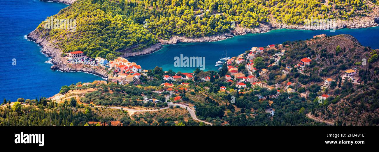 Assos village in Kefalonia, Greece. Turquoise colored bay in ...