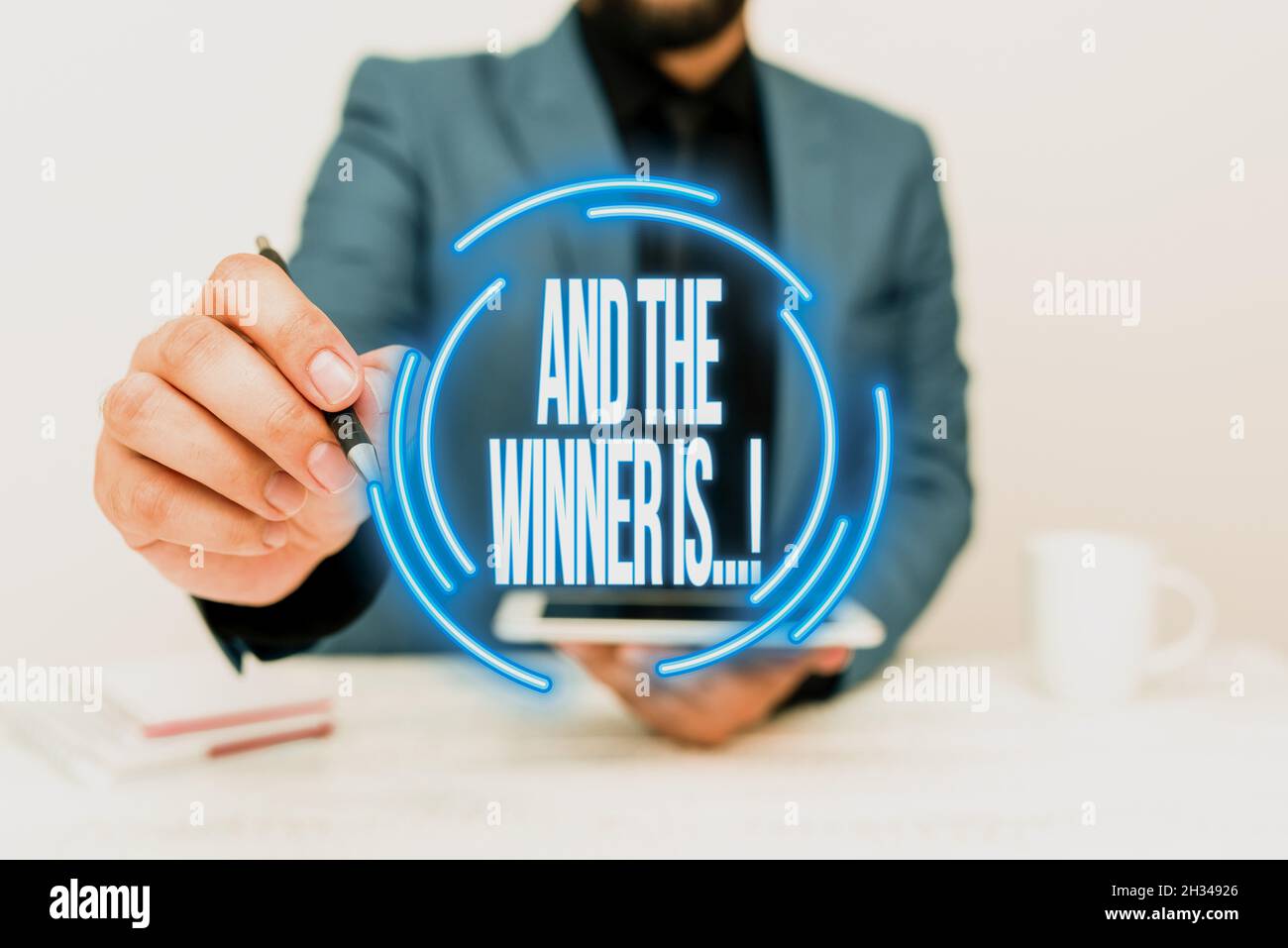 Text caption presenting And The Winner Is. Word for announcing who got ...