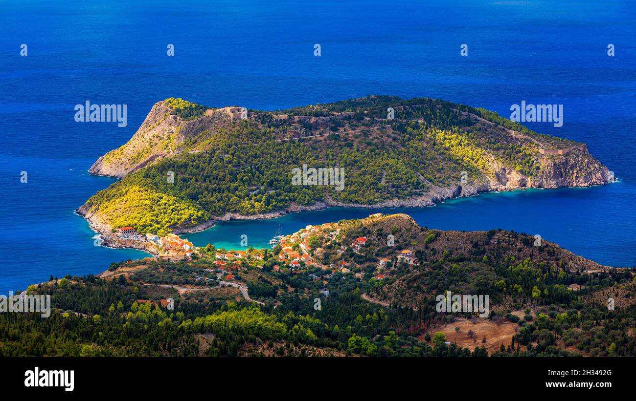Assos village in Kefalonia, Greece. Turquoise colored bay in ...