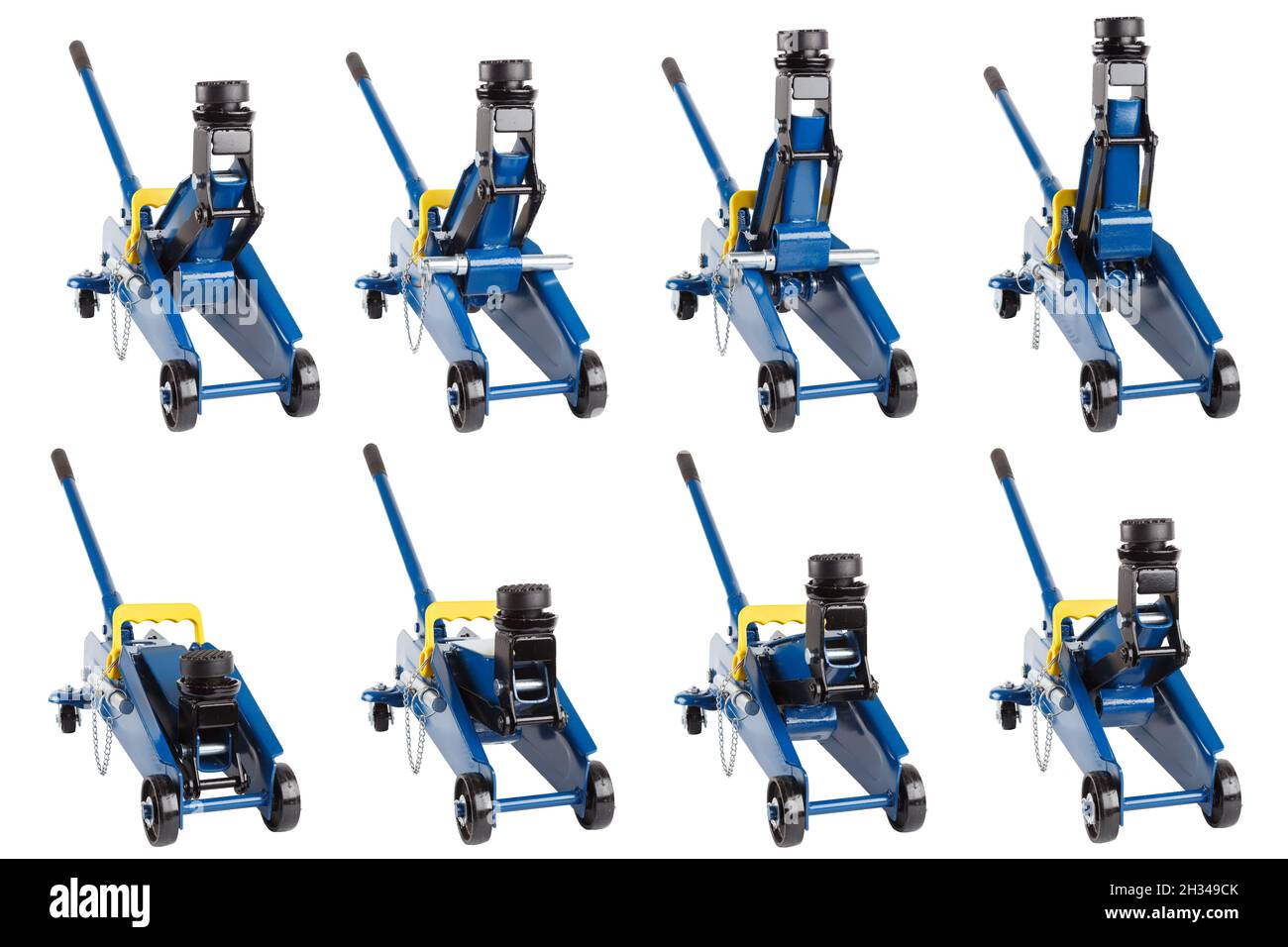 set of isolated blue hydraulic car jacks on white background raised in ...