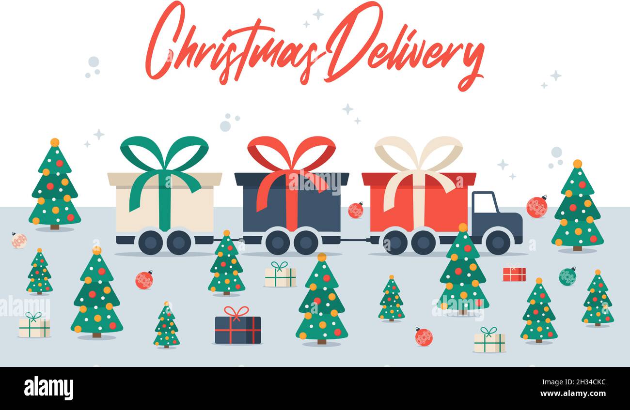 Christmas Delivery long truck with gift box. Free shipping vector ...