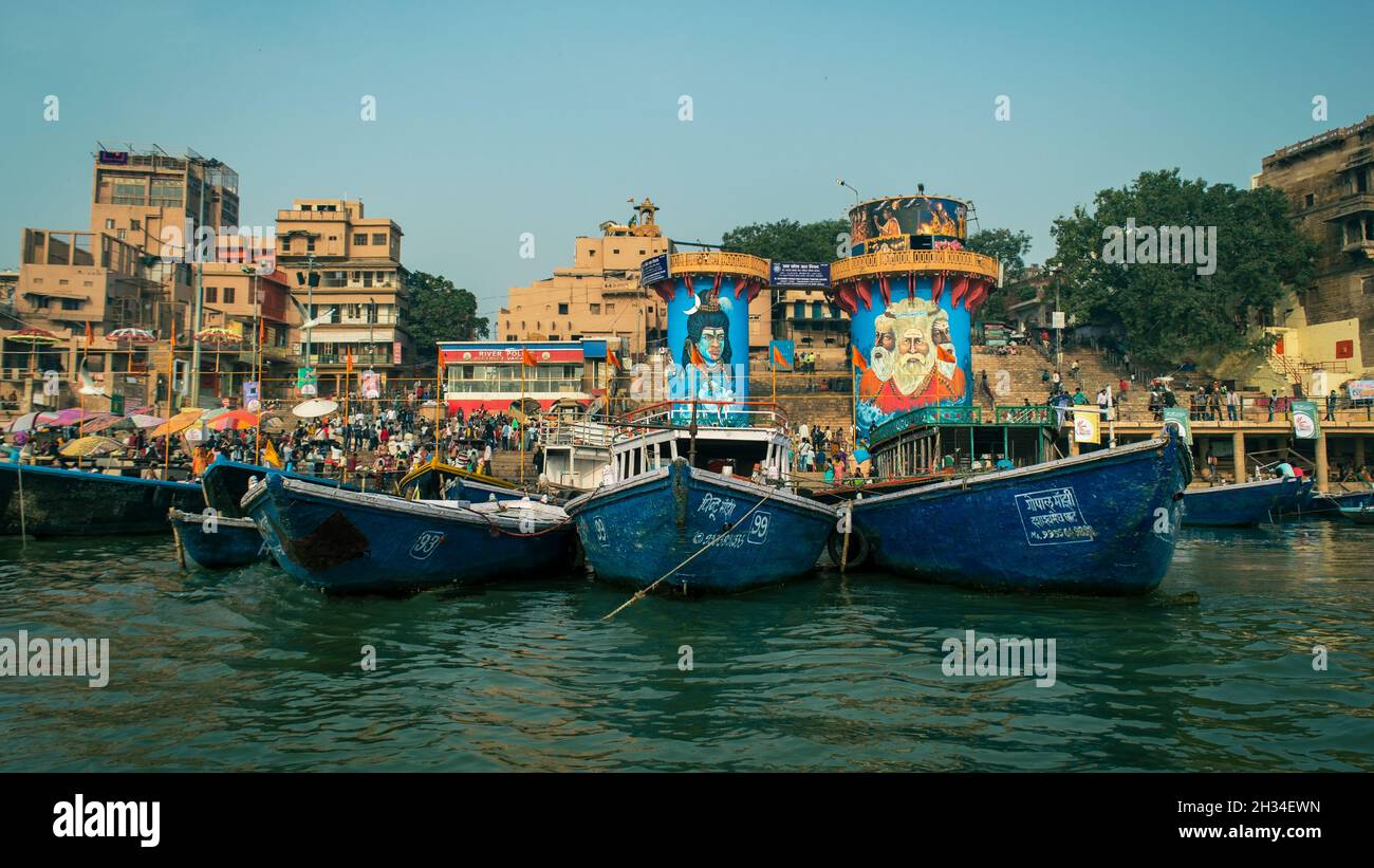Enchanting morning view of the ghats of Varanasi from the sacred river ...