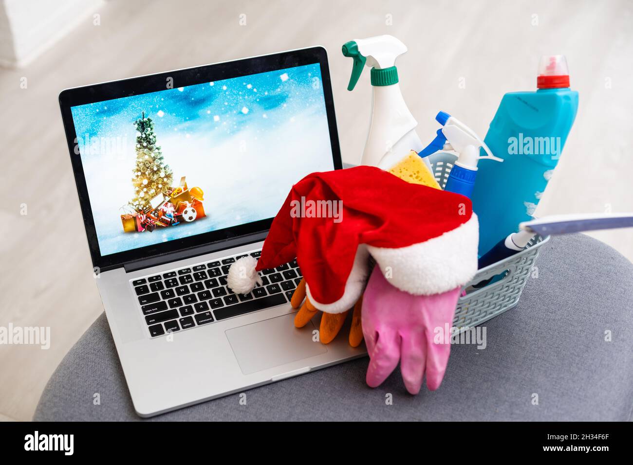 Christmas cleaning. Christmas shopping. Cleaning tools and Christmas ...