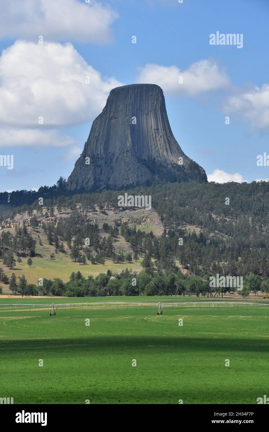 Fluffy white clouds hanging over Devil's Tower in Wyoming Stock Photo ...