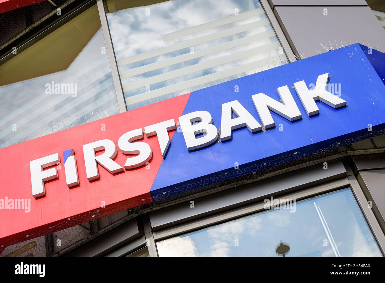 Bucharest, Romania - 6 June 2021: Large logo at the entrance of a First ...