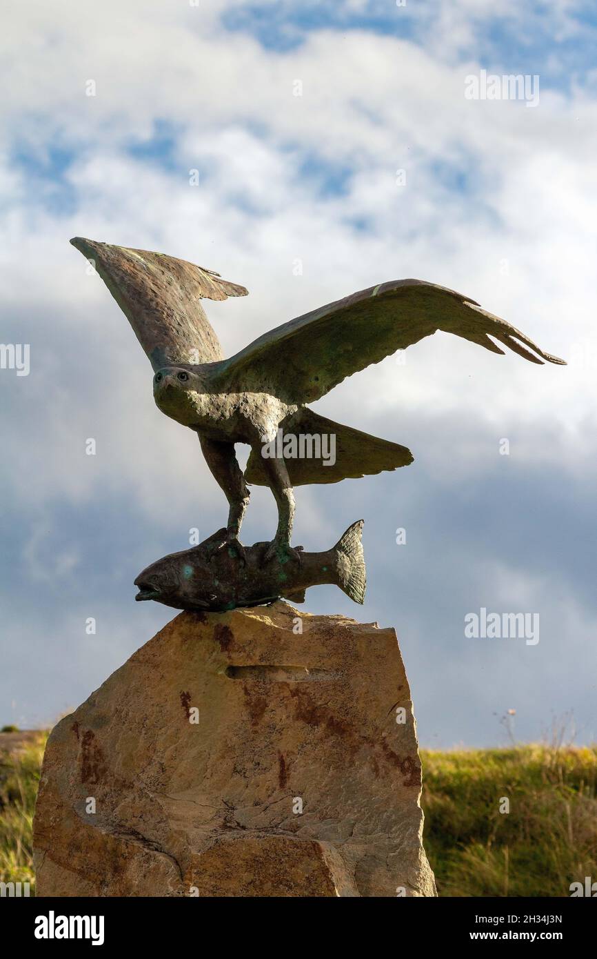 Statue of an Osprey with a fish at Spey Bay, Morayshire, Scotland, UK ...