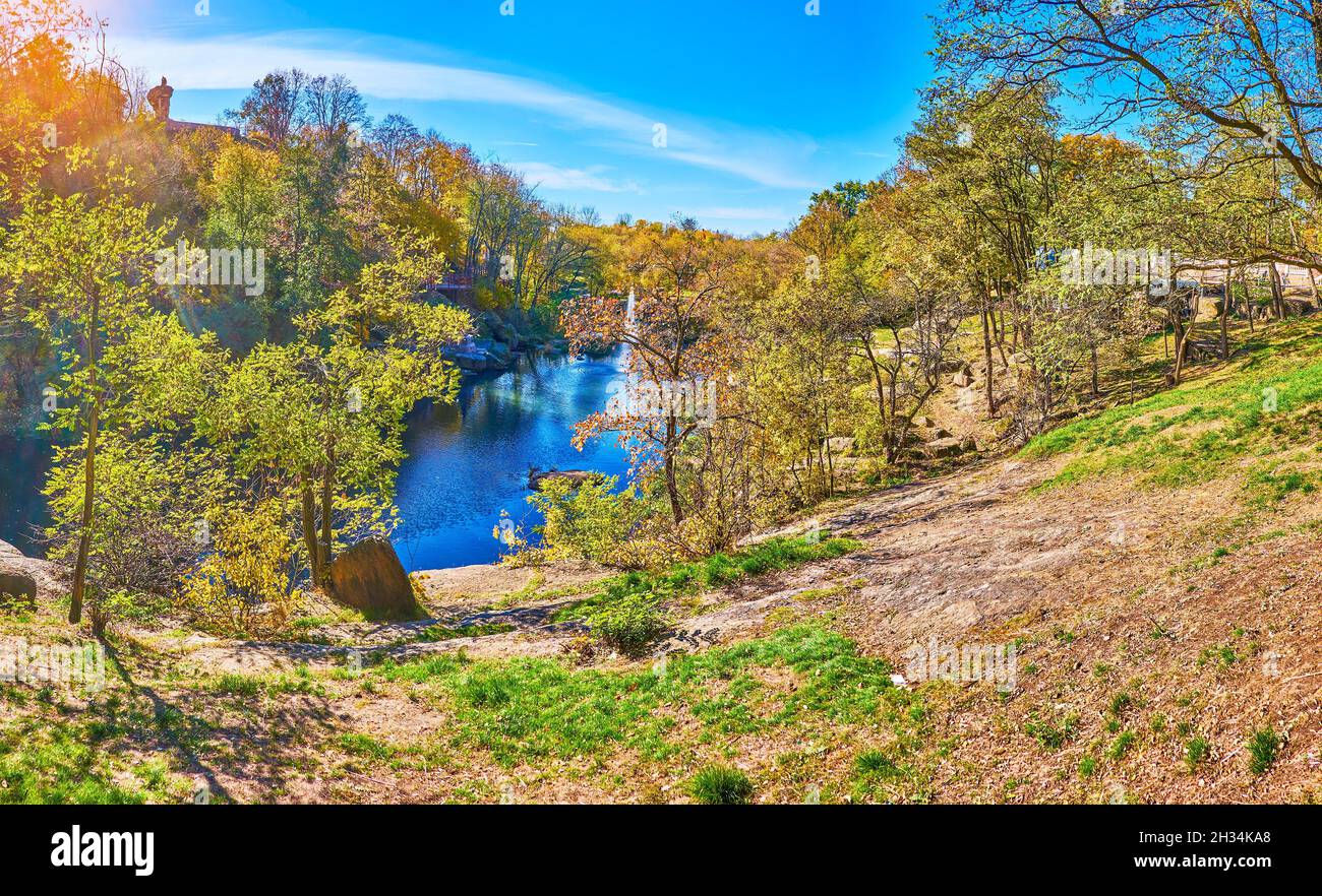 The landscape of Drevlians Park, laid out on hilly banks of Uzh river ...