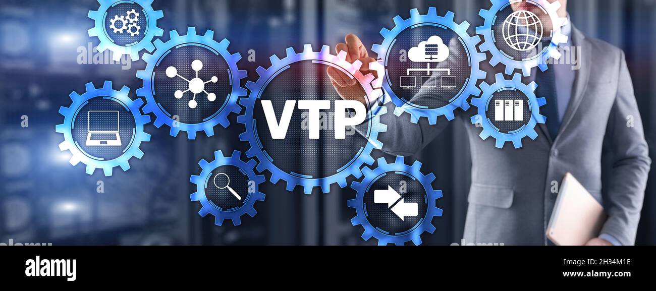 VLAN Trunking Protocol. Technology networks cocept. Blue Background ...