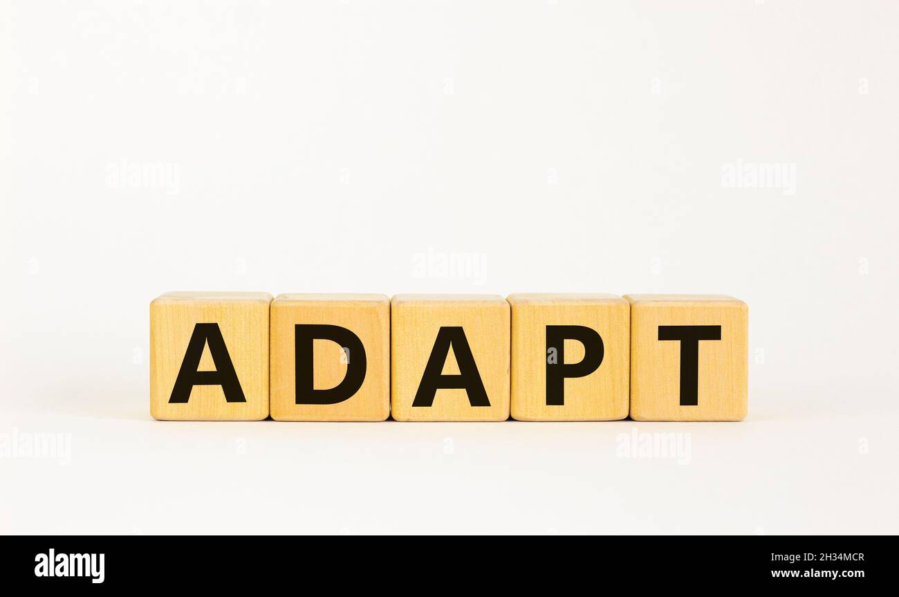 Adapt symbol. The concept word 'adapt' on wooden cubes. Beautiful white ...