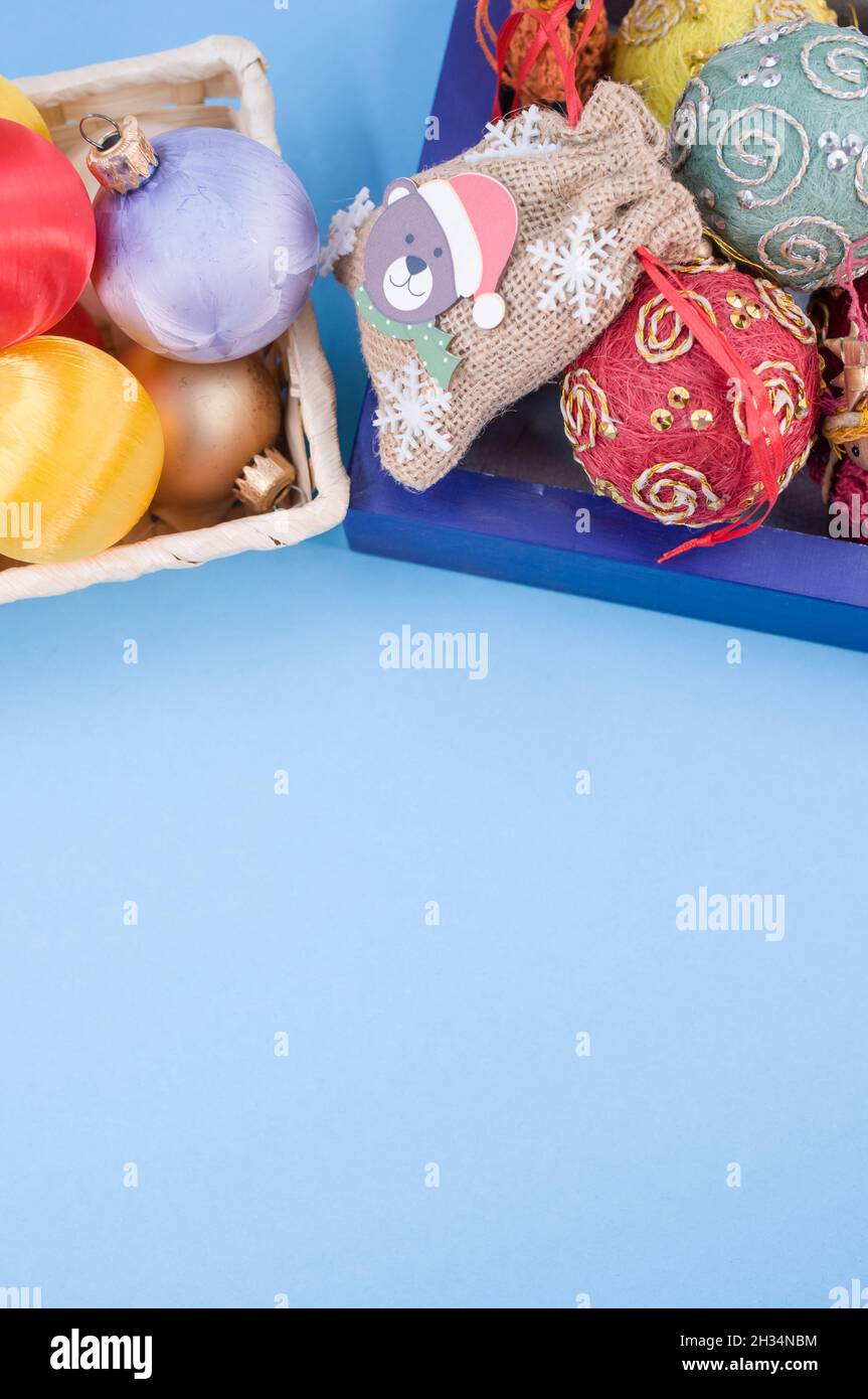 Christmas time decorations in a wooden box on blue background Stock ...