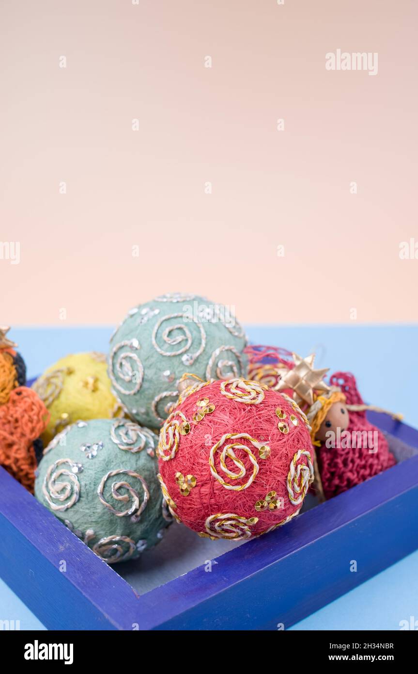 Christmas time decorations in a wooden box on blue background Stock ...