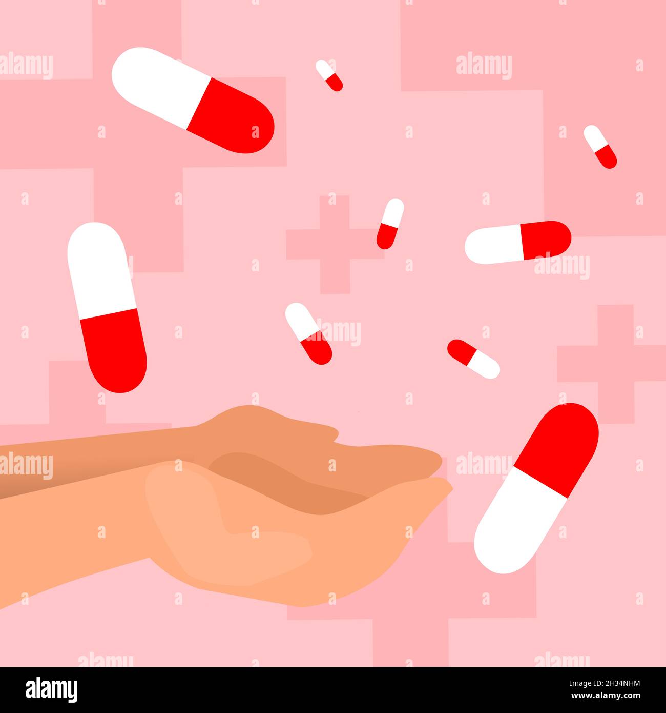 pills falling into the hands on a medical red background Stock Vector ...