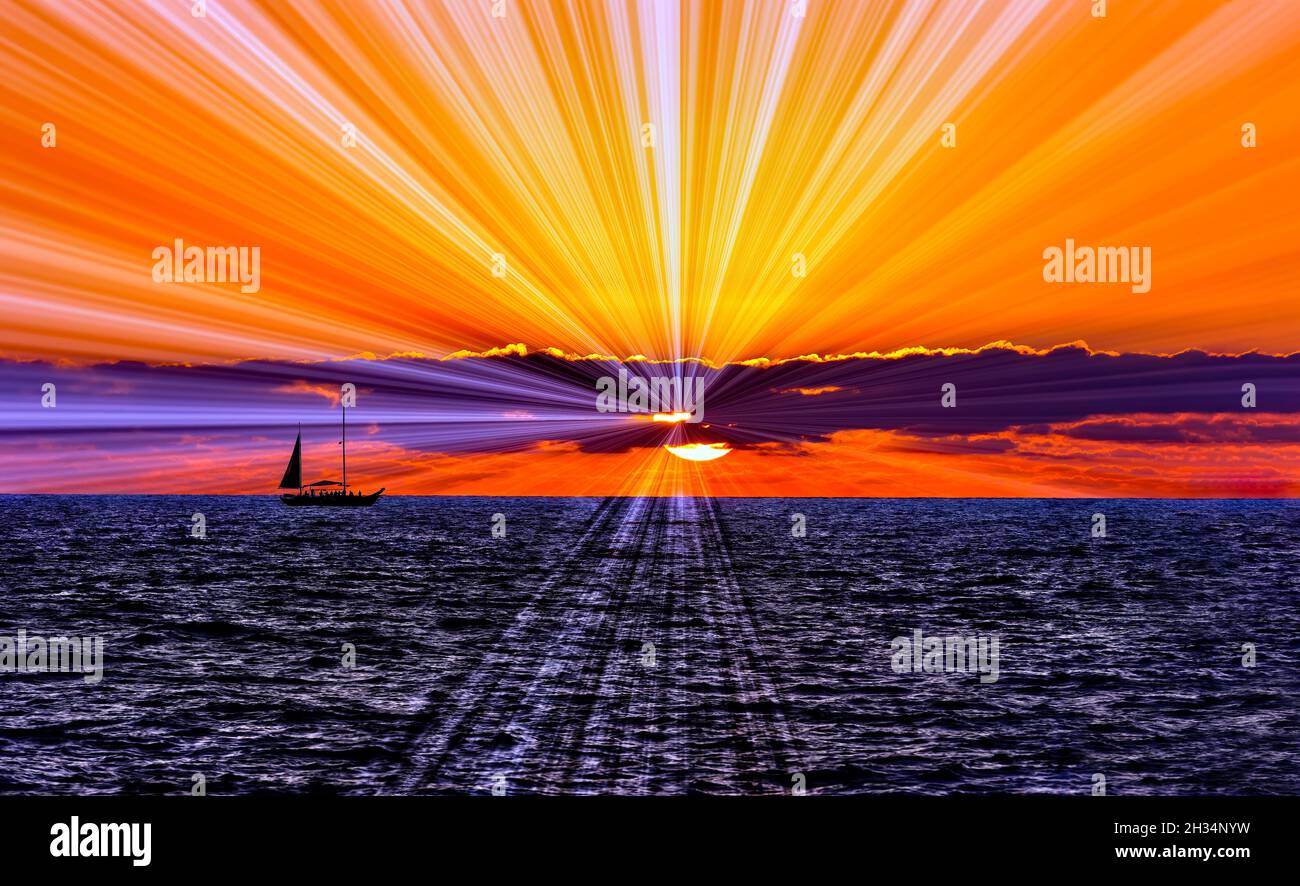 A Sailboat Is Sailing Along The Ocean With Sun Rays Bursting From The ...