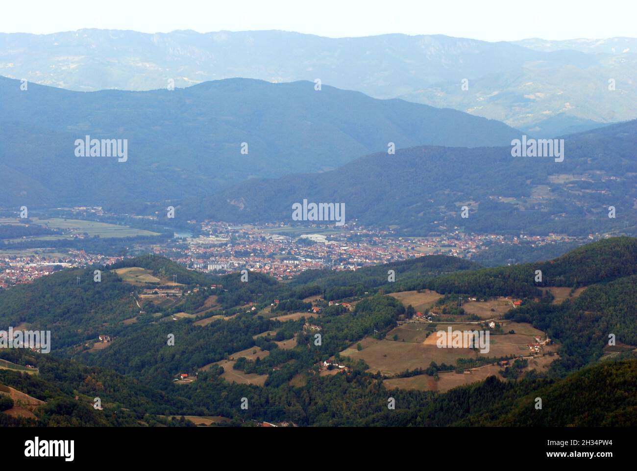 Panorama view of the town Bajina Basta and river Drina in Western ...
