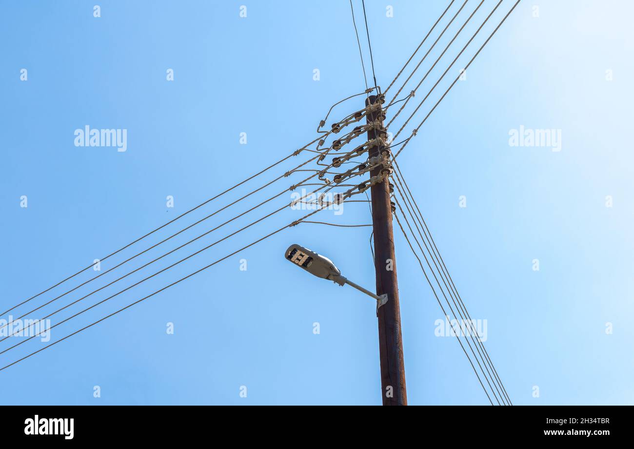 power line pole with led lighting light Stock Photo - Alamy