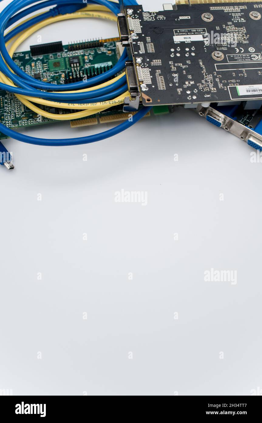 computer and peripherals electronic boards and cables on a white ...