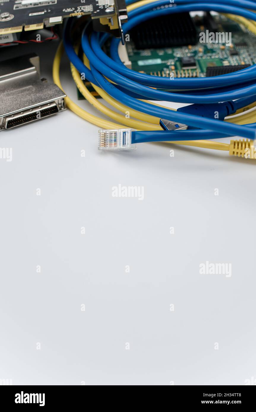 computer and peripherals electronic boards and cables on a white ...