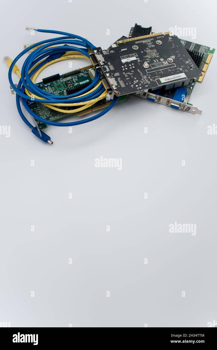 computer and peripherals electronic boards and cables on a white ...