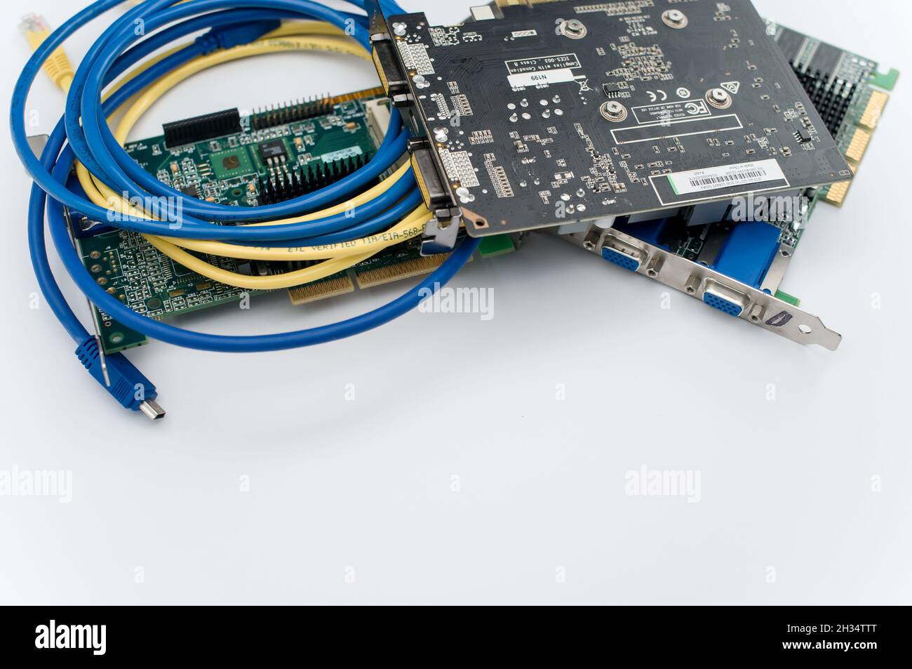 computer and peripherals electronic boards and cables on a white ...