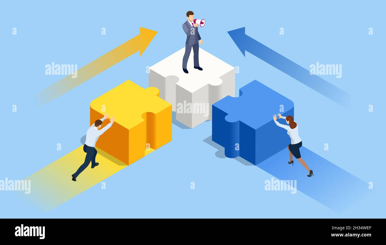 Isometric people connecting puzzle elements. Business teamwork ...