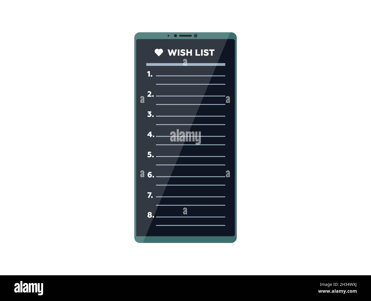 Smartphone with wish list app on display screen. Vector wishlist mobile ...