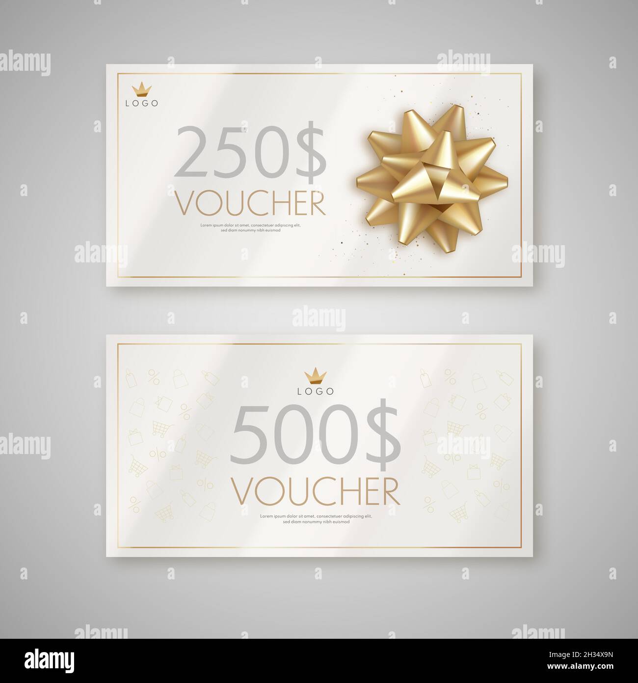 Gift voucher with gold ribbon and bow. Discount luxury coupon. Vector ...