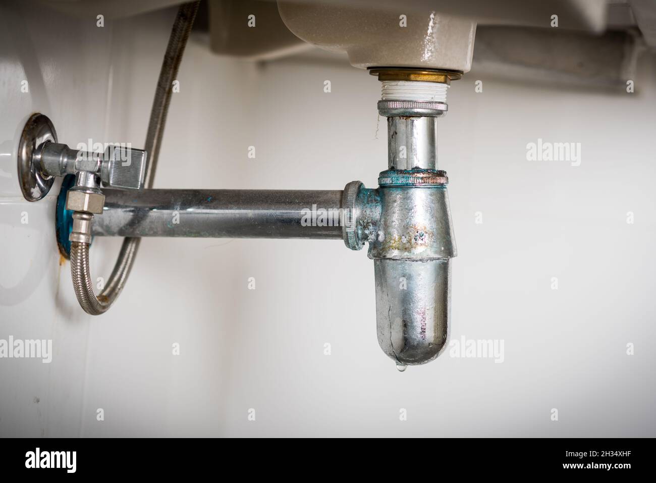 Repairing clogged and leaky washbasin sewer in the bathroom Stock Photo ...