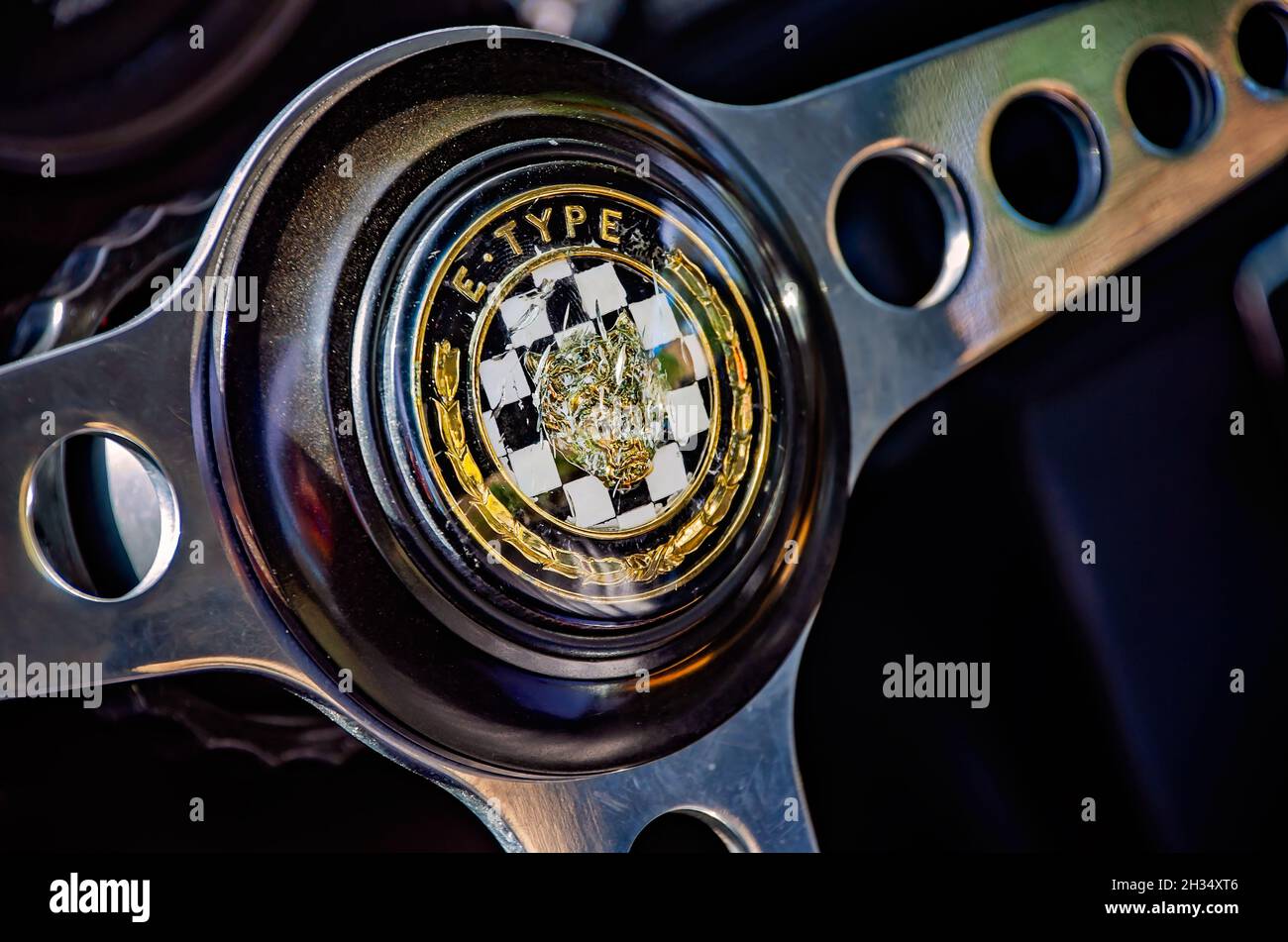 A 1971 Jaguar E-Type FHC steering wheel is pictured at the 31st annual ...