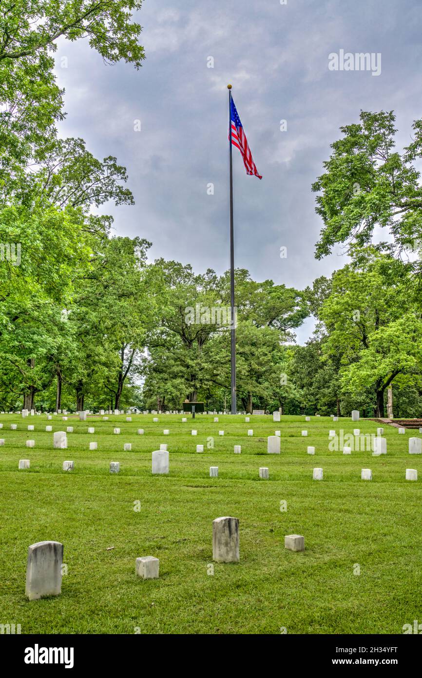 The American Flag flying above the graves in the Shiloh National ...