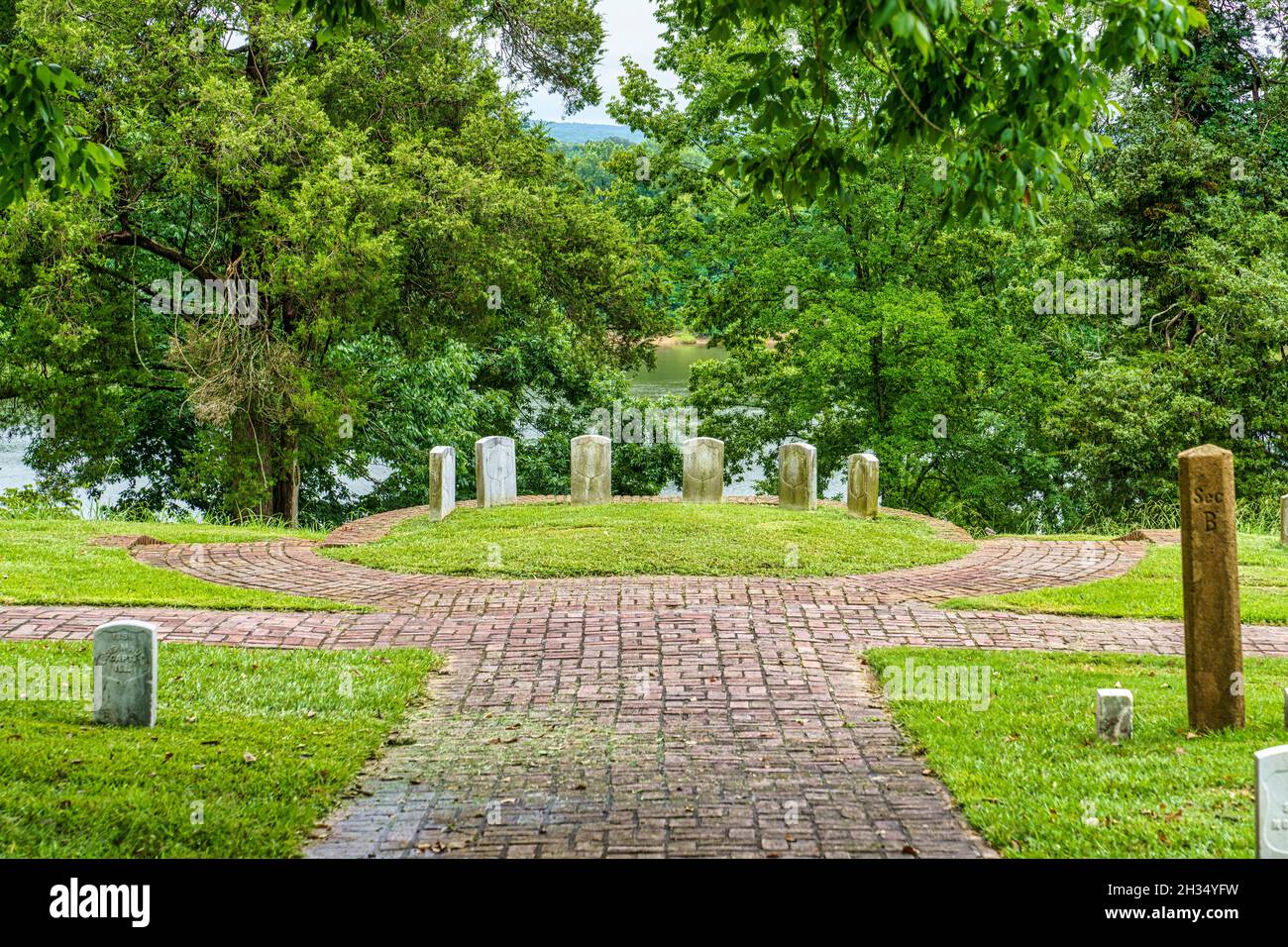 Circle of graves overlook the Tennessee River in the Shiloh National ...